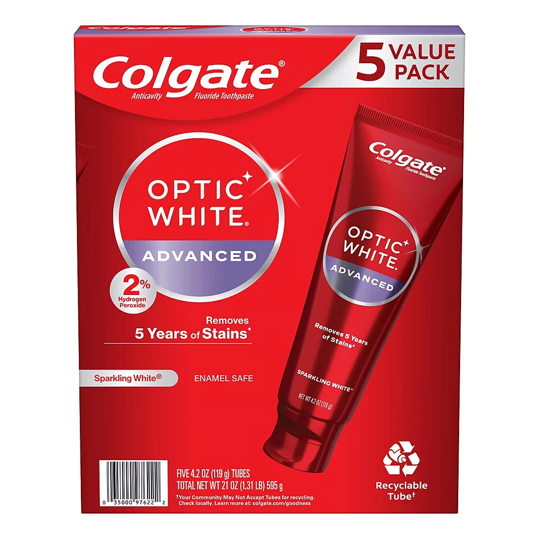Colgate Optic White Advanced Hydrogen Peroxide Toothpaste 5 Pk./4.2 Oz ...
