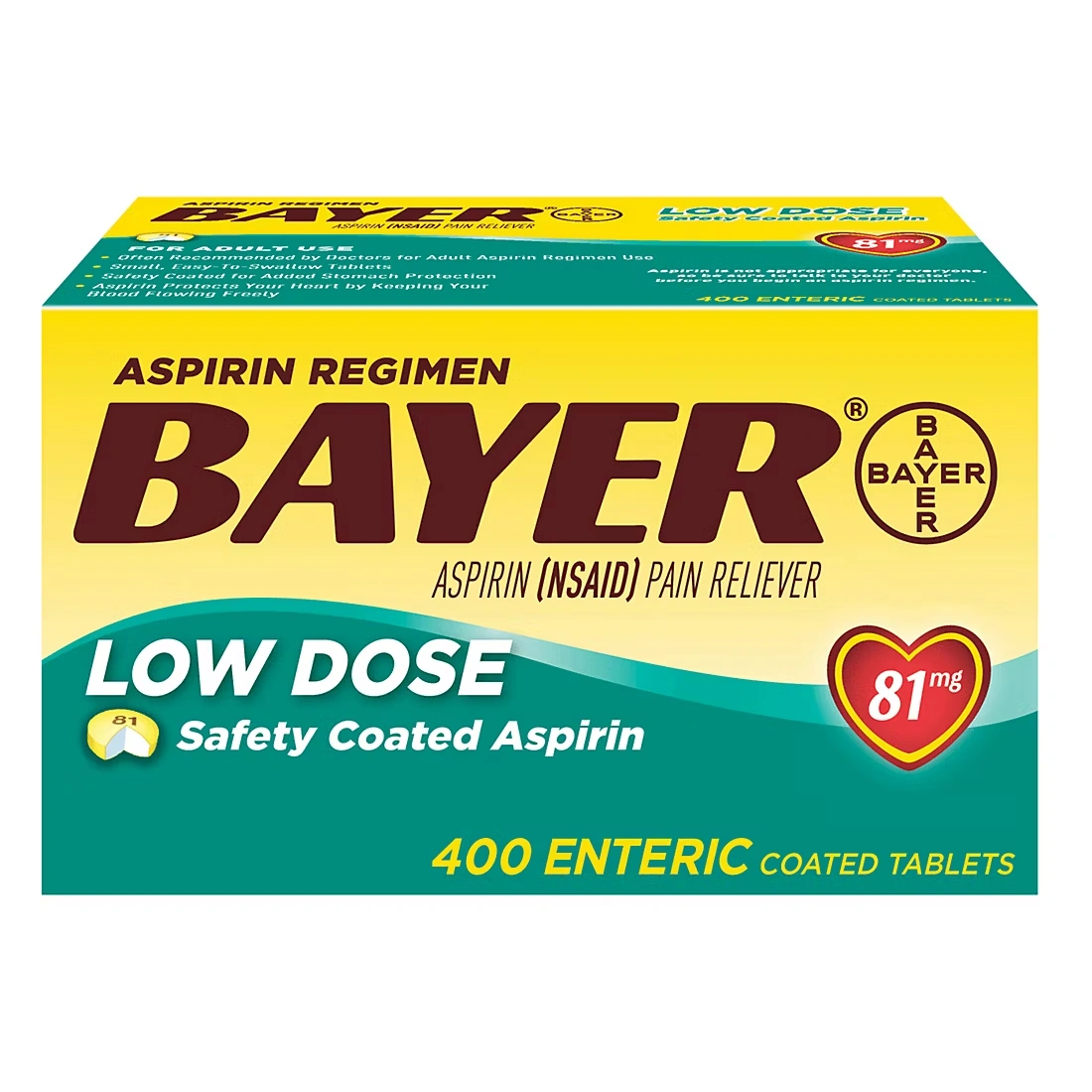Bayer Aspirin Regimen 81mg Low-Dose Enteric-Coated Tablets, 400 Ct ...